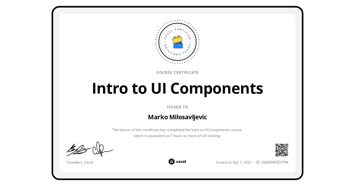 Certificate of completion for UI Components I | Uxcel